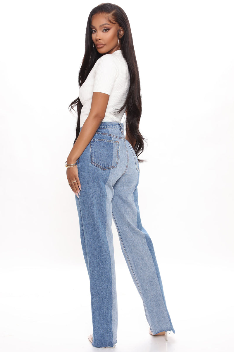 Pick A Side Two Tone Straight Leg Jeans - Medium Blue Wash | Fashion ...