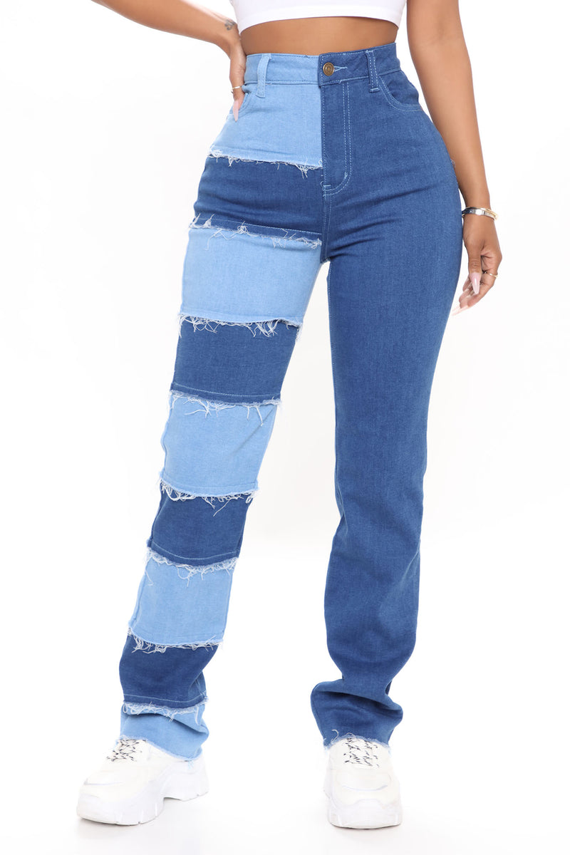 Breaking Barriers Patchwork Straight Leg Jeans - Medium Blue Wash ...
