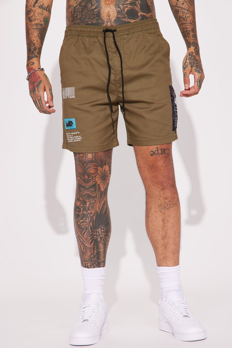 Barcode Twill Shorts - Olive | Fashion Nova, Mens Shorts | Fashion Nova