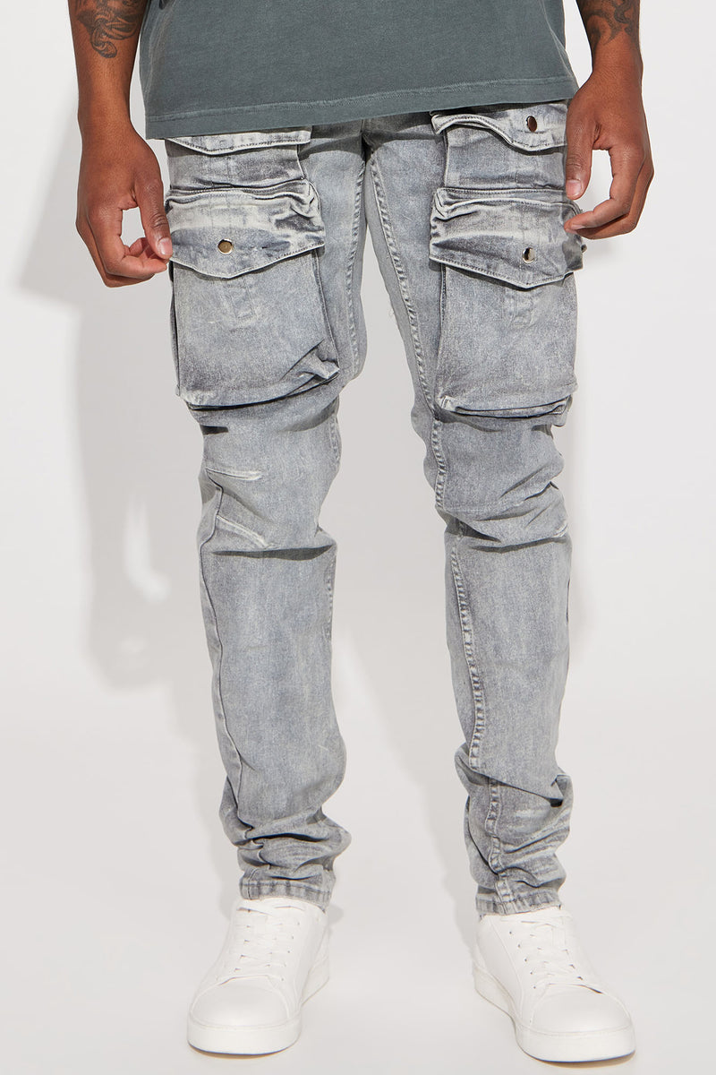 Double Up Cargo Pocket Stacked Skinny Jeans - Grey | Fashion Nova, Mens ...