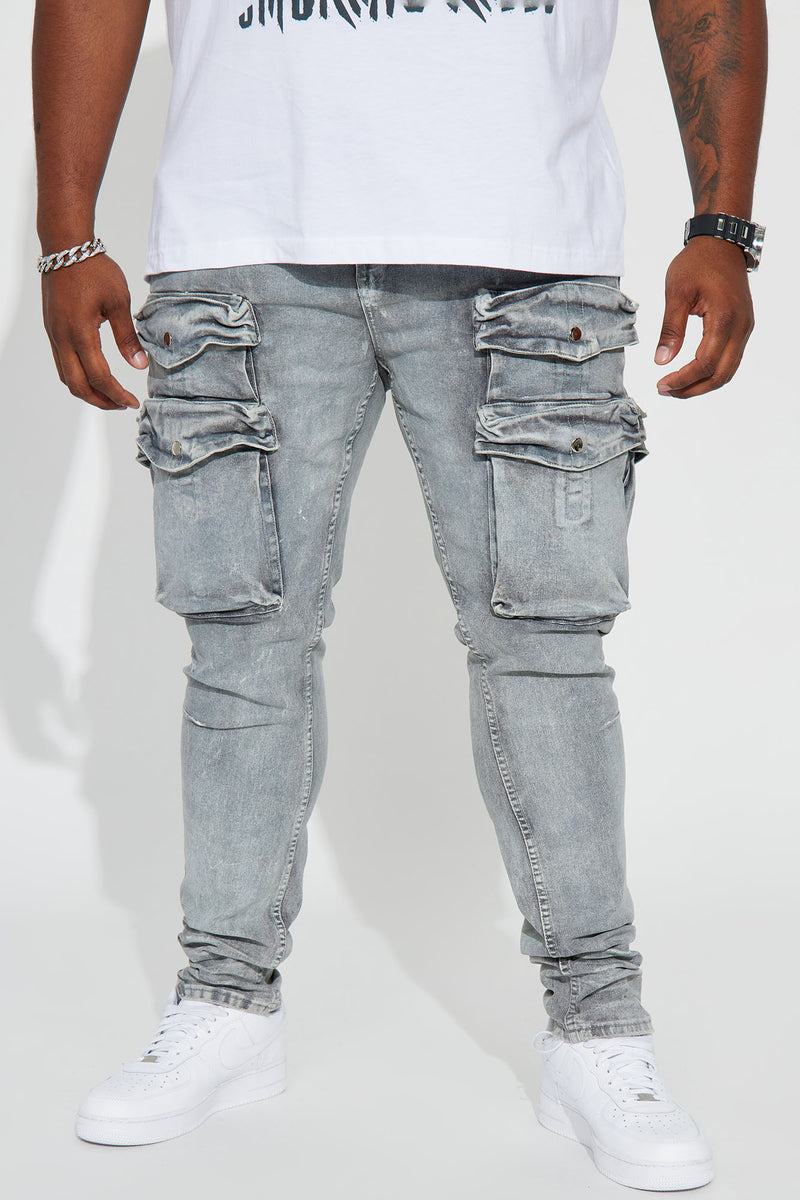 Double Up Cargo Pocket Stacked Skinny Jeans - Grey | Fashion Nova, Mens ...