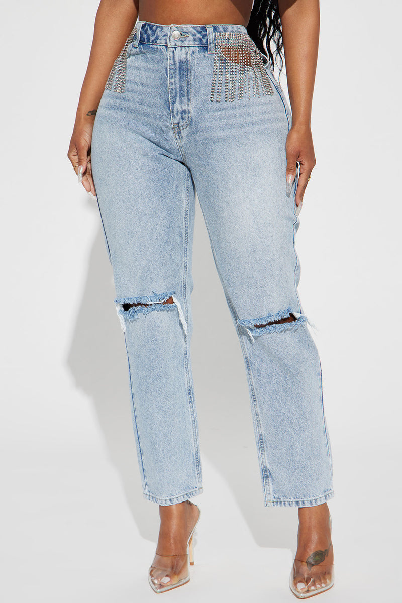 Amore Embellished Non Stretch Straight Leg Jeans - Light Blue Wash ...