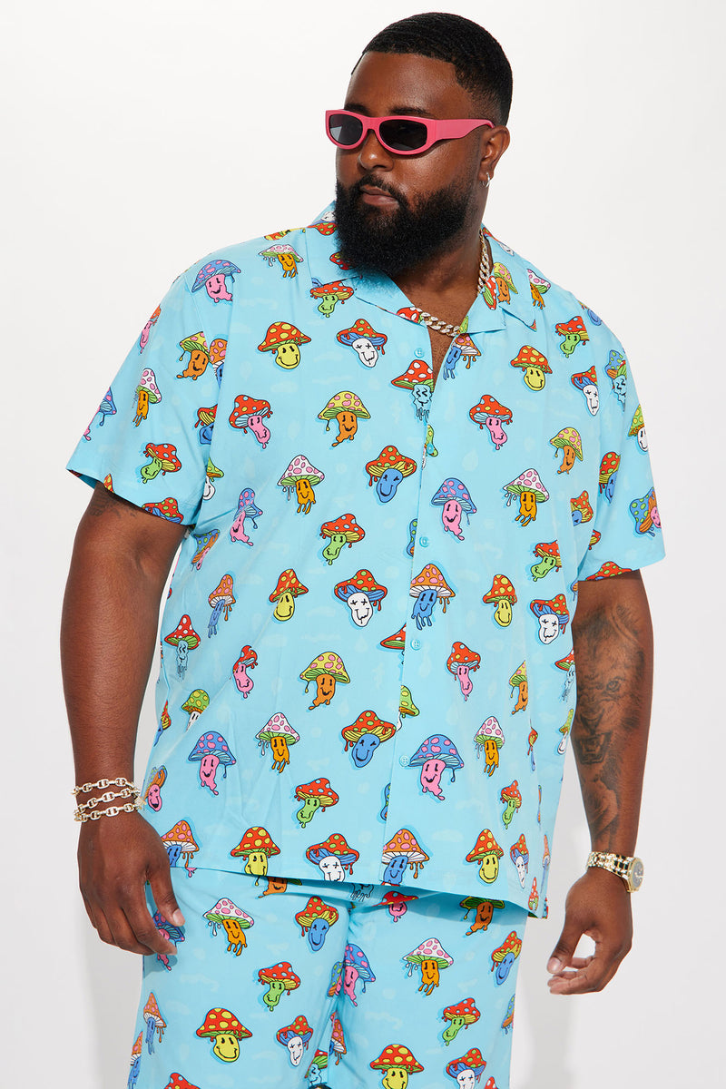Happy Shrooms Short Sleeve Button Up - Turquoise | Fashion Nova, Mens ...