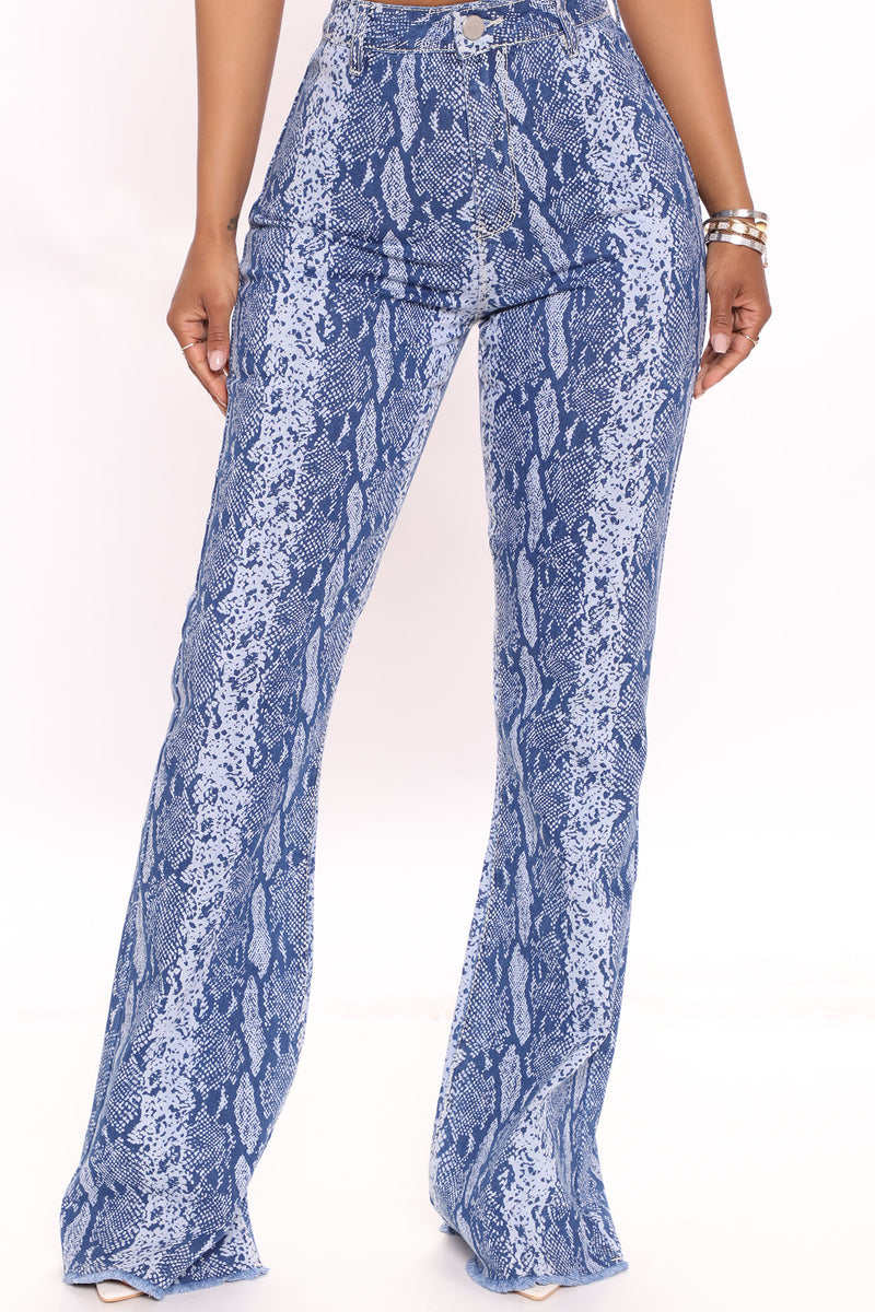 Valentina High Rise Snake Flare Jeans - Medium Blue Wash | Fashion Nova ...