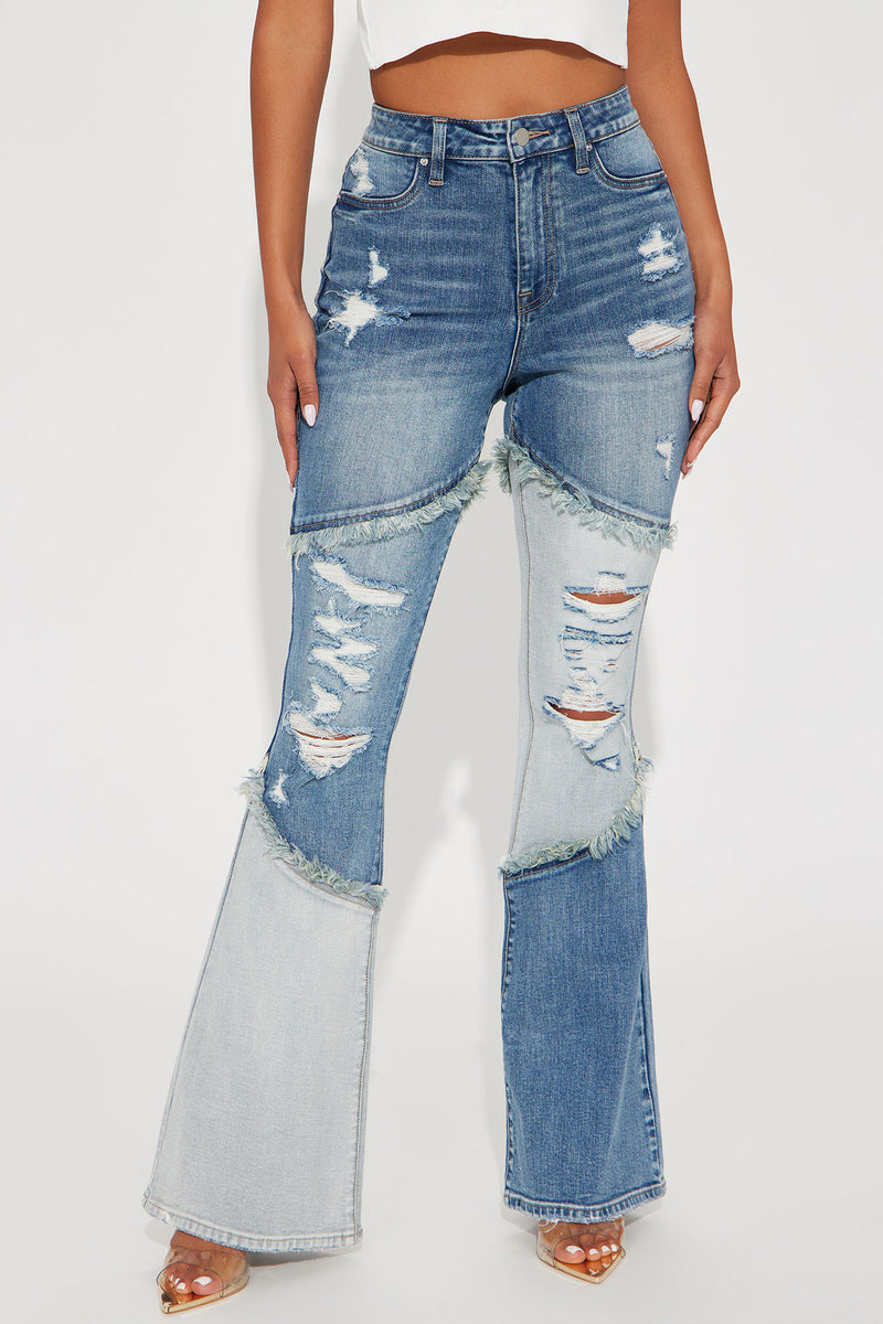 Rough Patch Patchwork Stretch Flare Jeans - Medium Wash | Fashion Nova ...