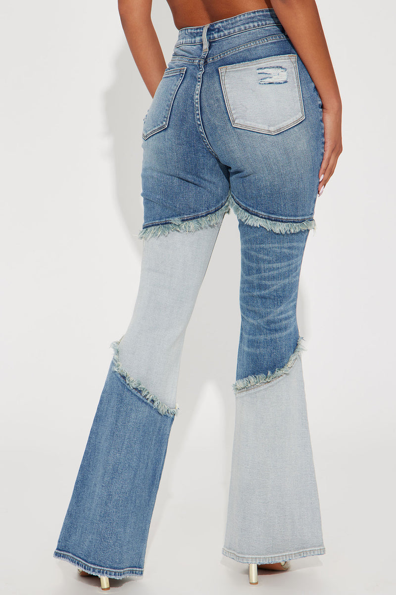 Rough Patch Patchwork Stretch Flare Jeans - Medium Wash | Fashion Nova ...