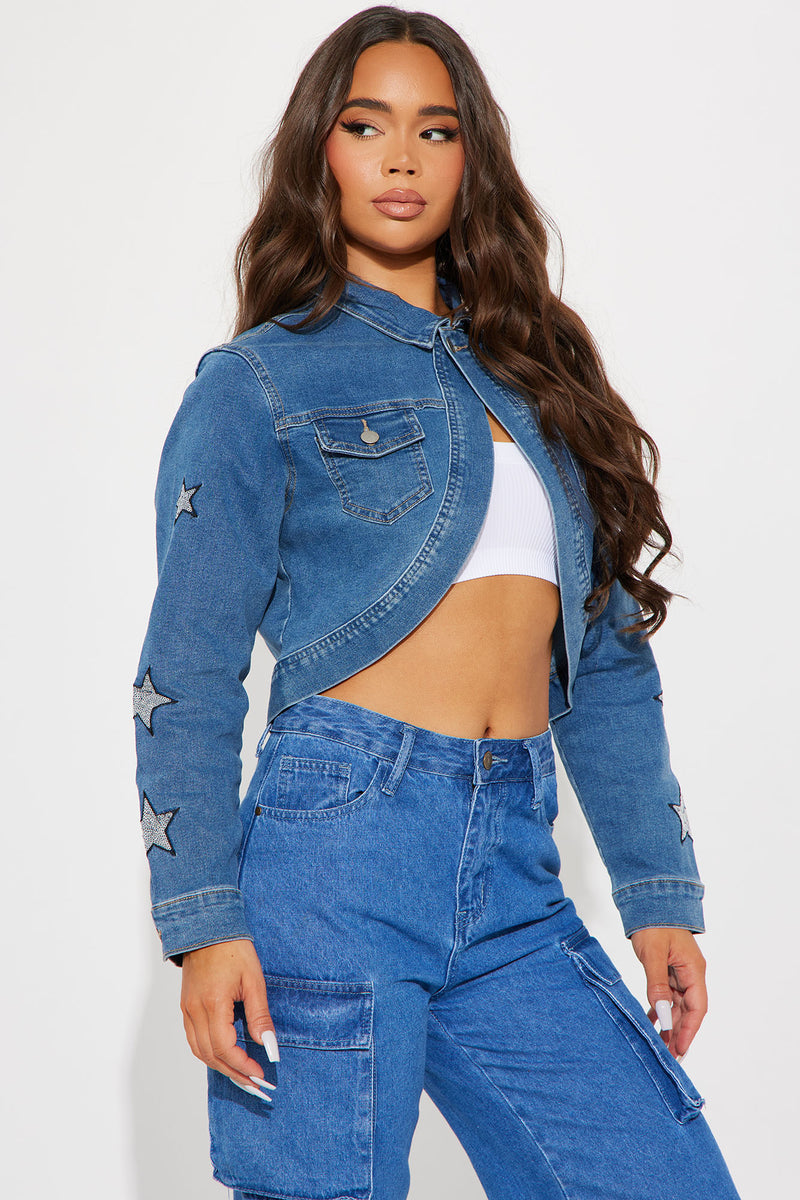 Shooting Star Embellished Denim Bolero Jacket - Medium Wash | Fashion ...