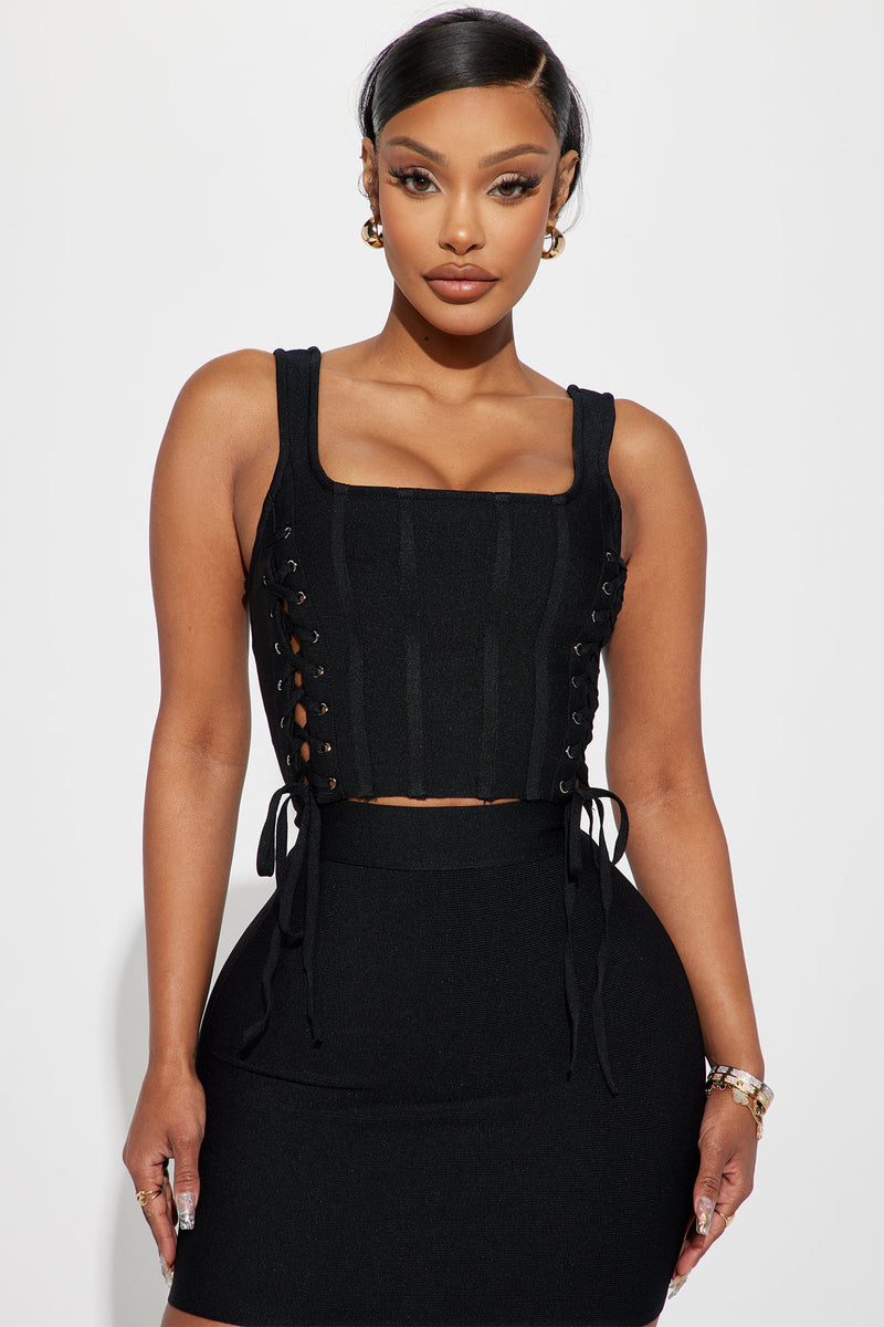 Rhea Lace Up Bandage Corset Top - Black | Fashion Nova, Knit Tops | Fashion Nova