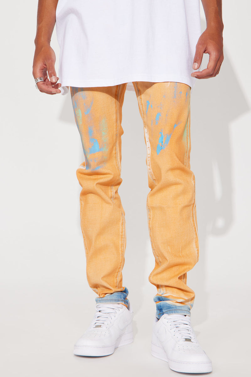 Don't Say Nothin Paint Stacked Skinny Jeans - Orange/combo | Fashion ...