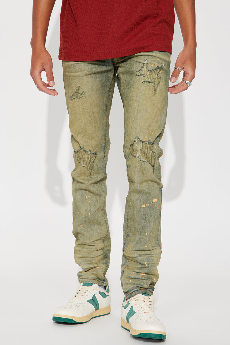 Going Up Splatter Ripped Stacked Skinny Jeans - Vintage Blue Wash ...