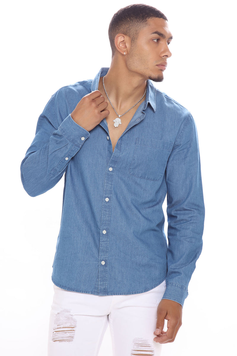Basic Denim Long Sleeve Woven Top - Medium Wash | Fashion Nova, Mens ...