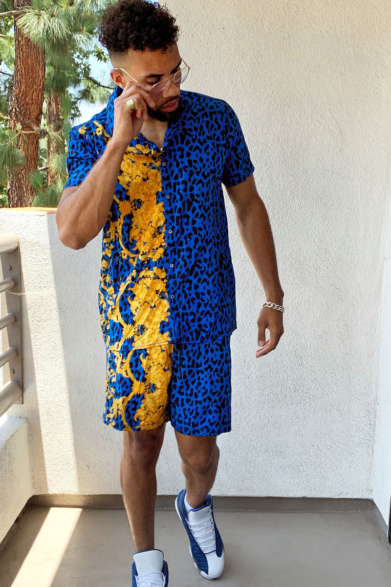 Gilded Leopard Short Sleeve Woven Top - Blue/Gold | Fashion Nova, Mens ...