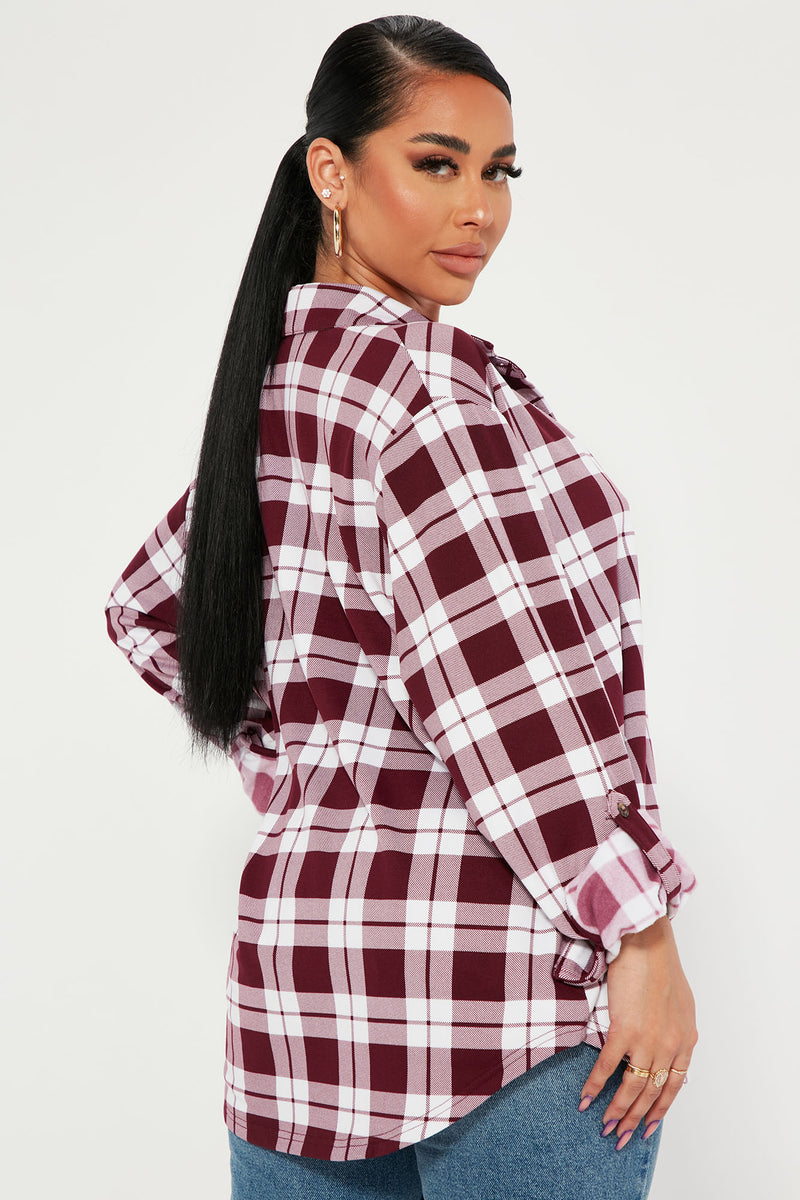 Olivia Oversized Plaid Shirt - Burgundy/combo | Fashion Nova, Knit Tops ...