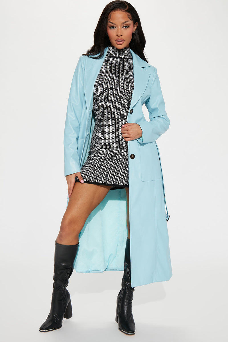 No Hard Feelings Faux Leather Trench Coat - Light Blue | Fashion Nova ...