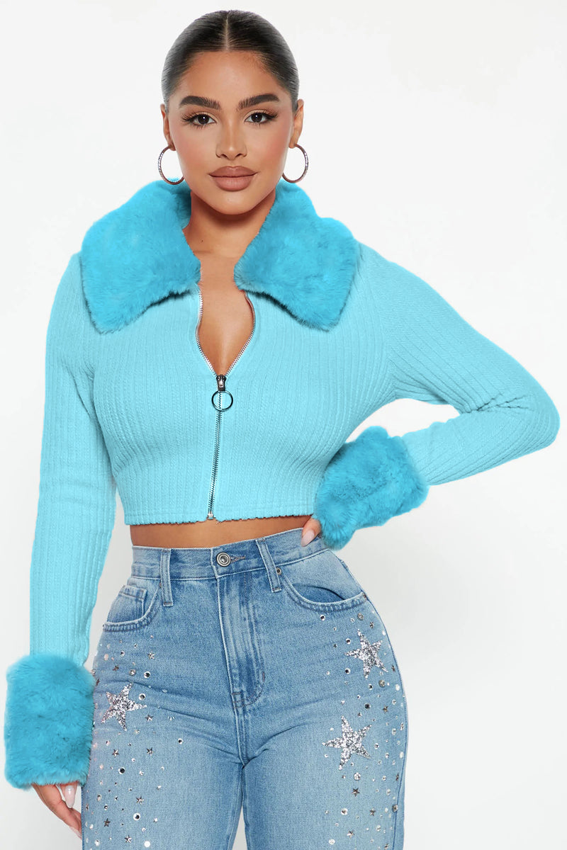 Pretty In Paris Faux Fur Top - Blue | Fashion Nova, Knit Tops | Fashion ...