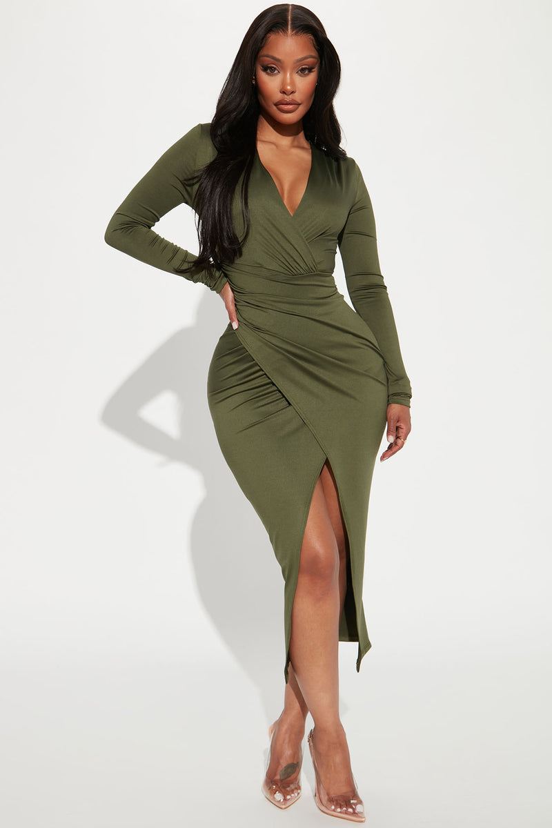 Eyes On Me Ruched Midi Dress - Olive | Fashion Nova, Dresses | Fashion Nova