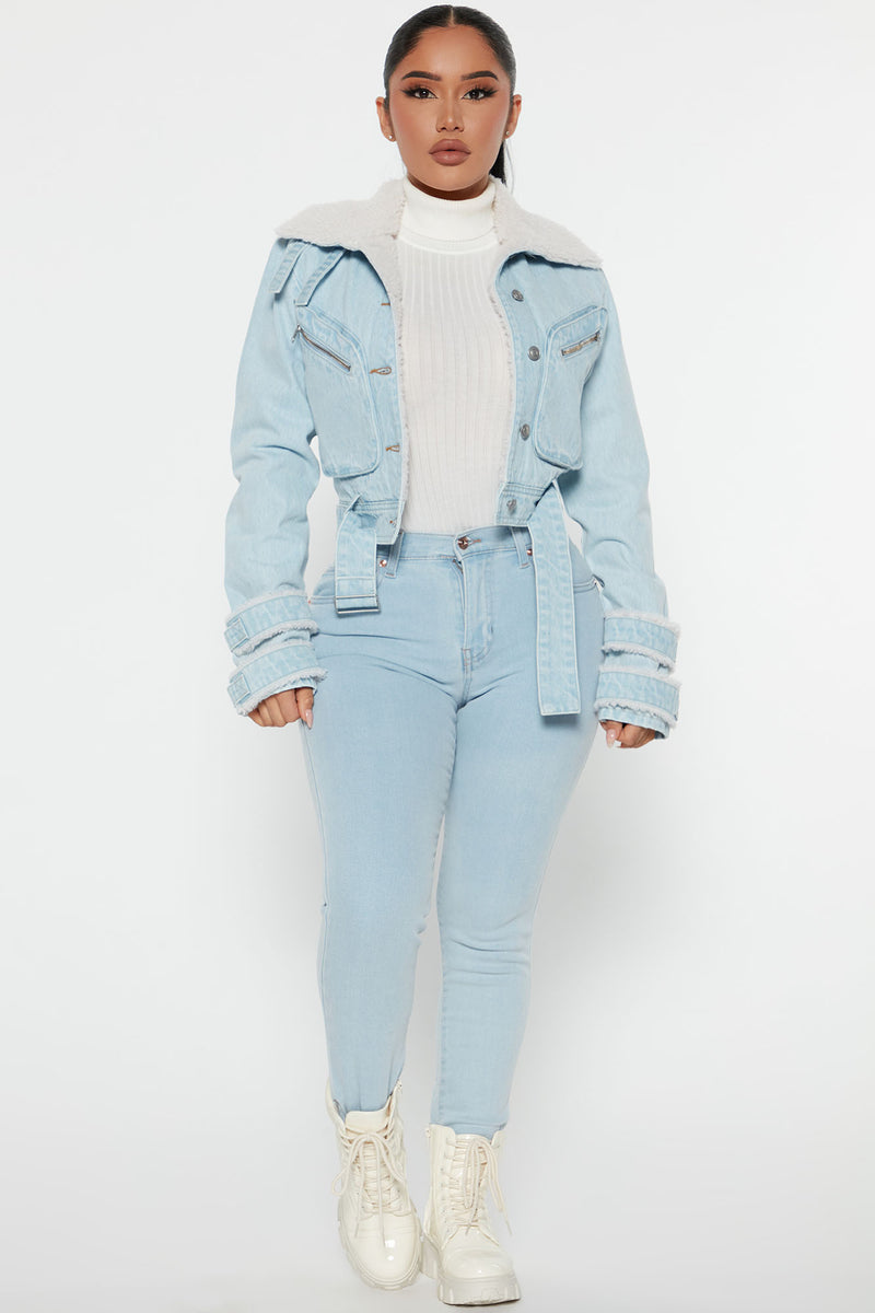 Belted Sherpa Moto Denim Jacket - Light Wash | Fashion Nova, Jackets ...