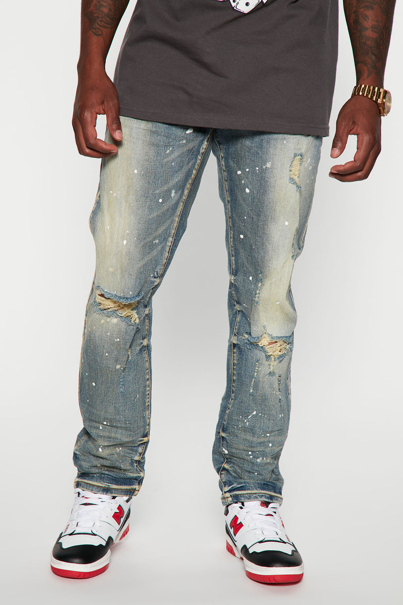 Bleach And Paint Spotted Slim Jeans - Medium Wash | Fashion Nova, Mens ...
