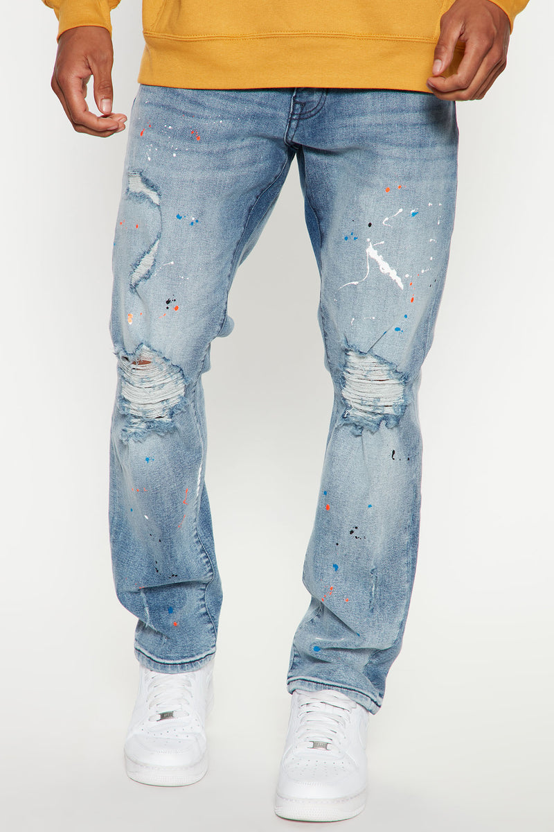 Knee Ripped Paint Spit Slim Jeans - Light Blue Wash | Fashion Nova ...