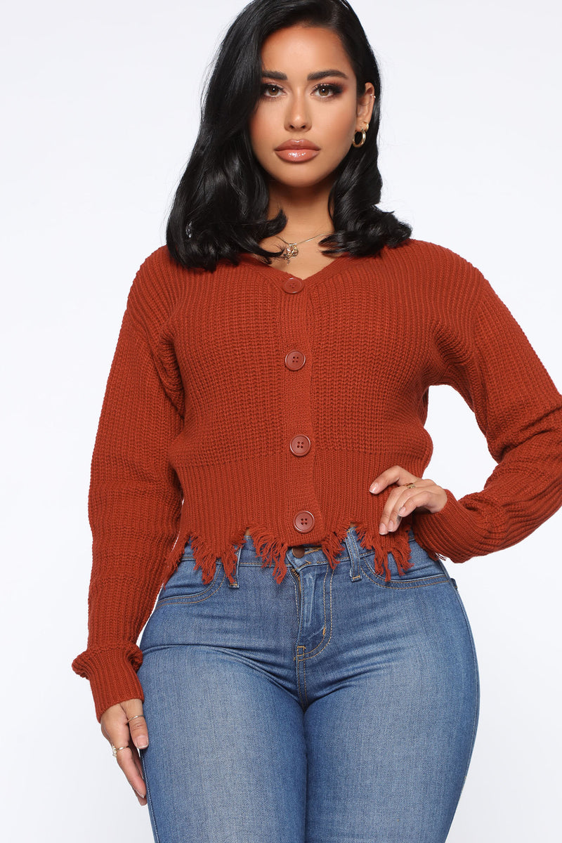 Distressed With You Cardigan - Rust | Fashion Nova, Sweaters | Fashion Nova