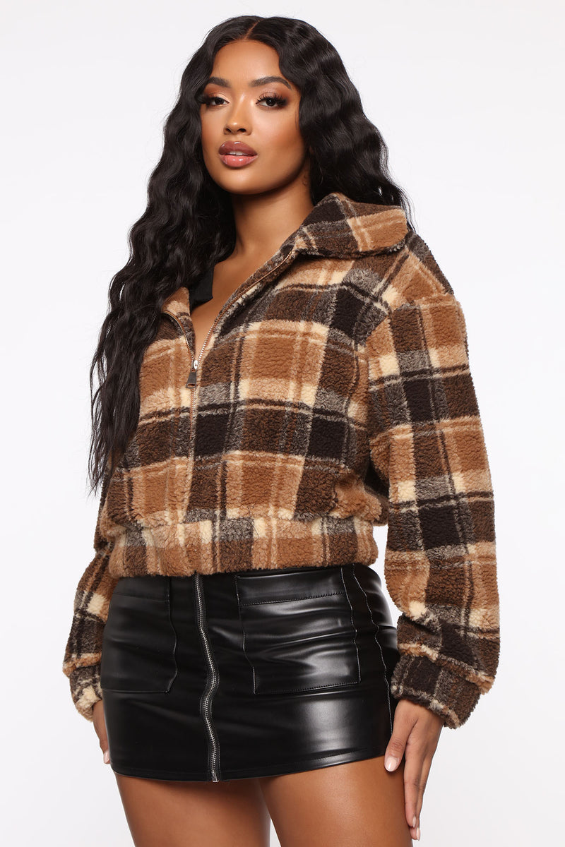 Plaid Down Fuzzy Jacket - Brown/Combo | Fashion Nova, Jackets & Coats ...