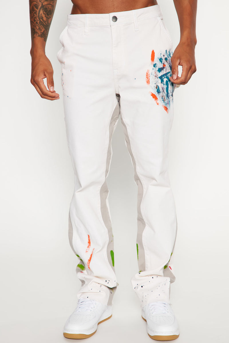 Contrast Paint Strokes Slim Flared Pants - Off White | Fashion Nova ...