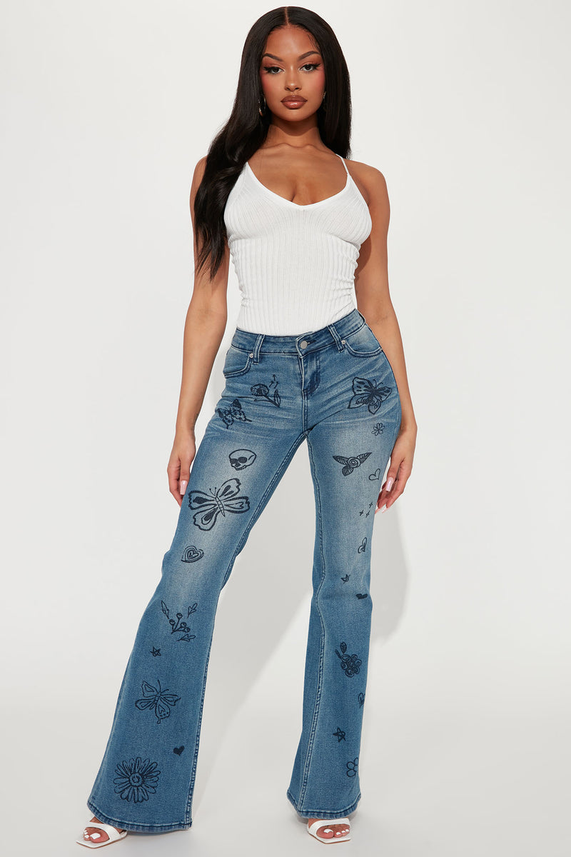 So Little Time Low Rise Y2K Doodle Flare Jeans - Vintage Blue Wash ...