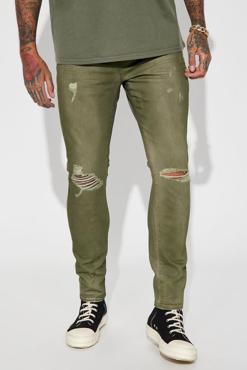 Sprayed Ripped Knee Stacked Skinny Jeans - Olive | Fashion Nova, Mens ...