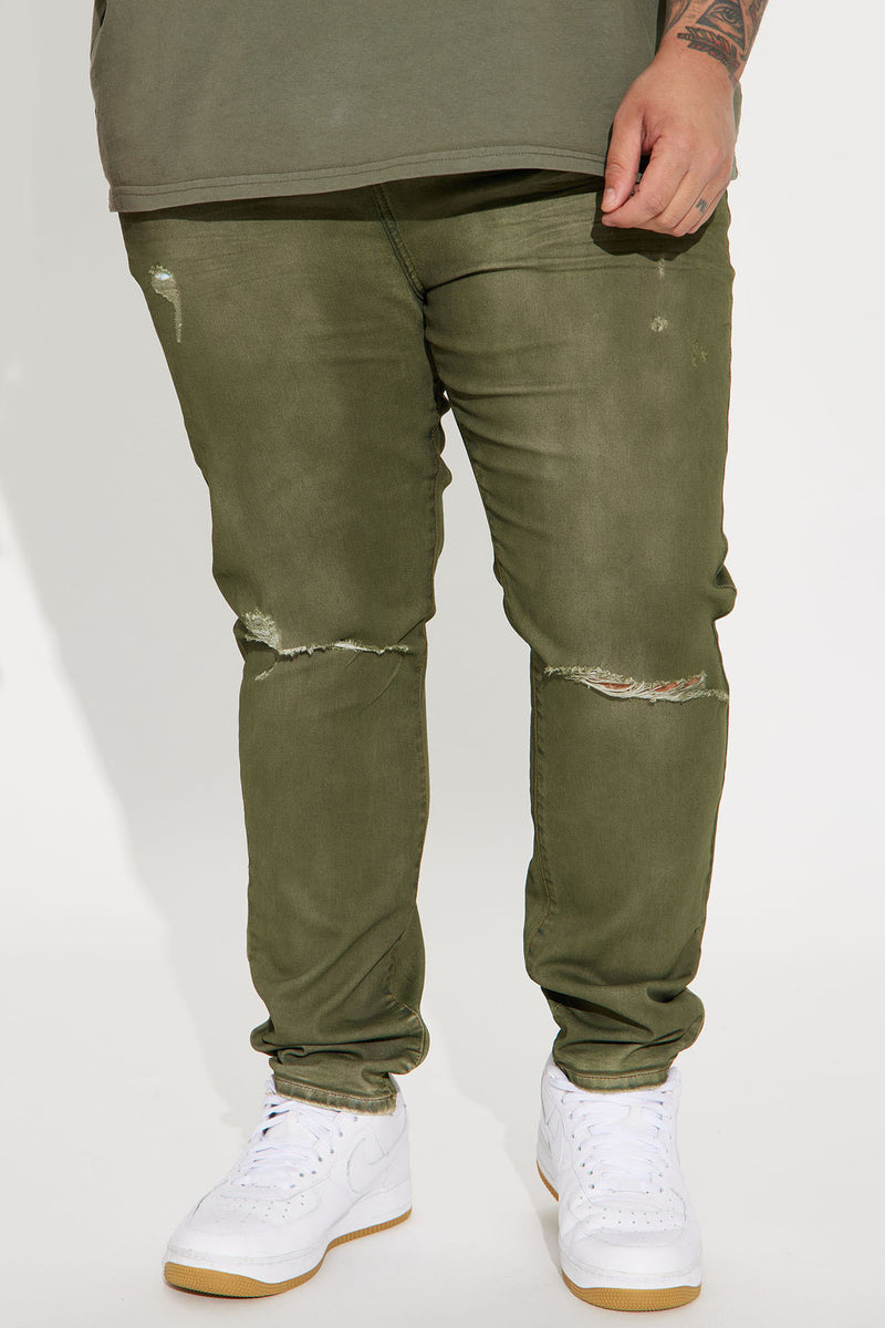 Sprayed Ripped Knee Stacked Skinny Jeans - Olive | Fashion Nova, Mens ...