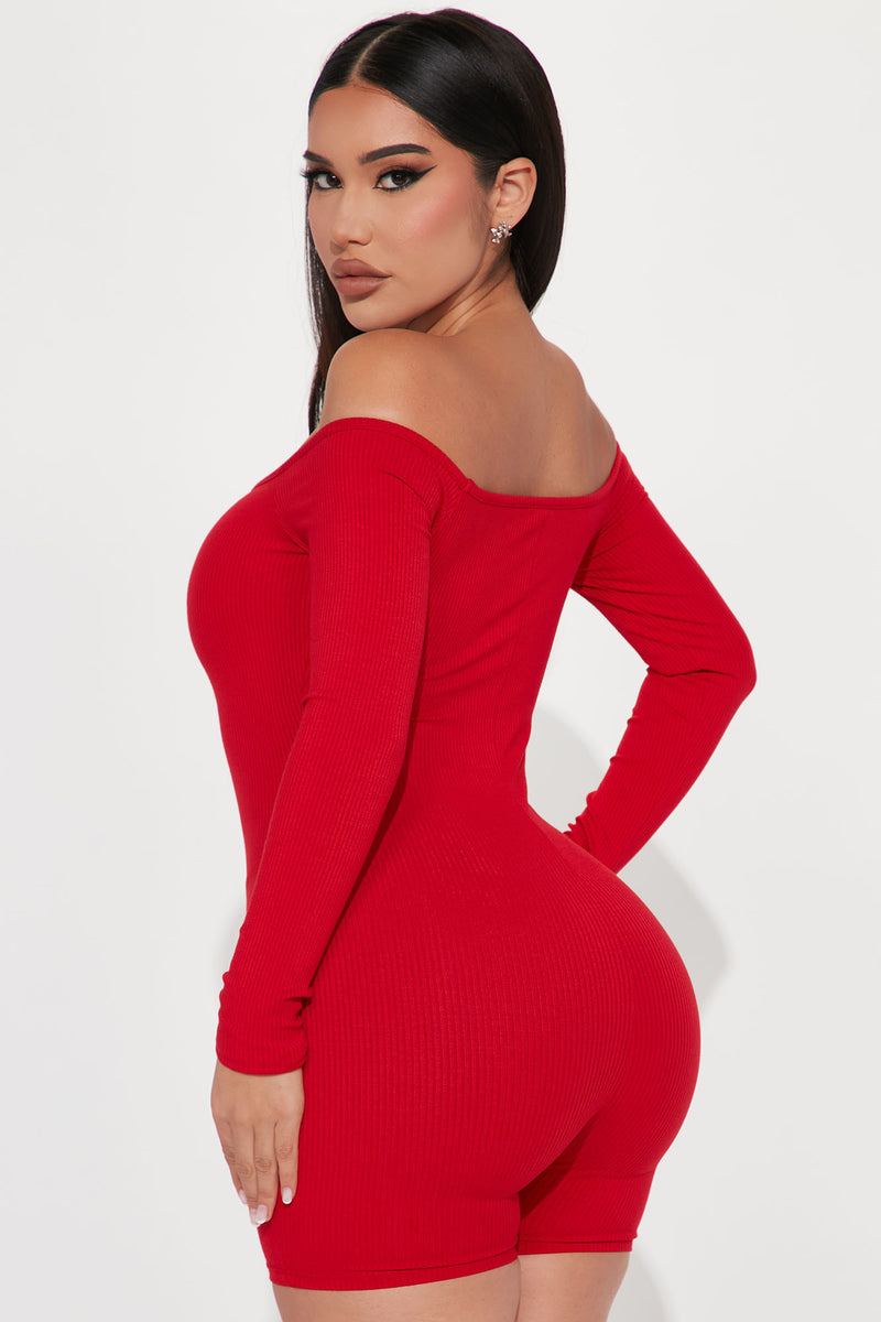 Renee Off Shoulder Snatched Romper Red Fashion Nova Rompers