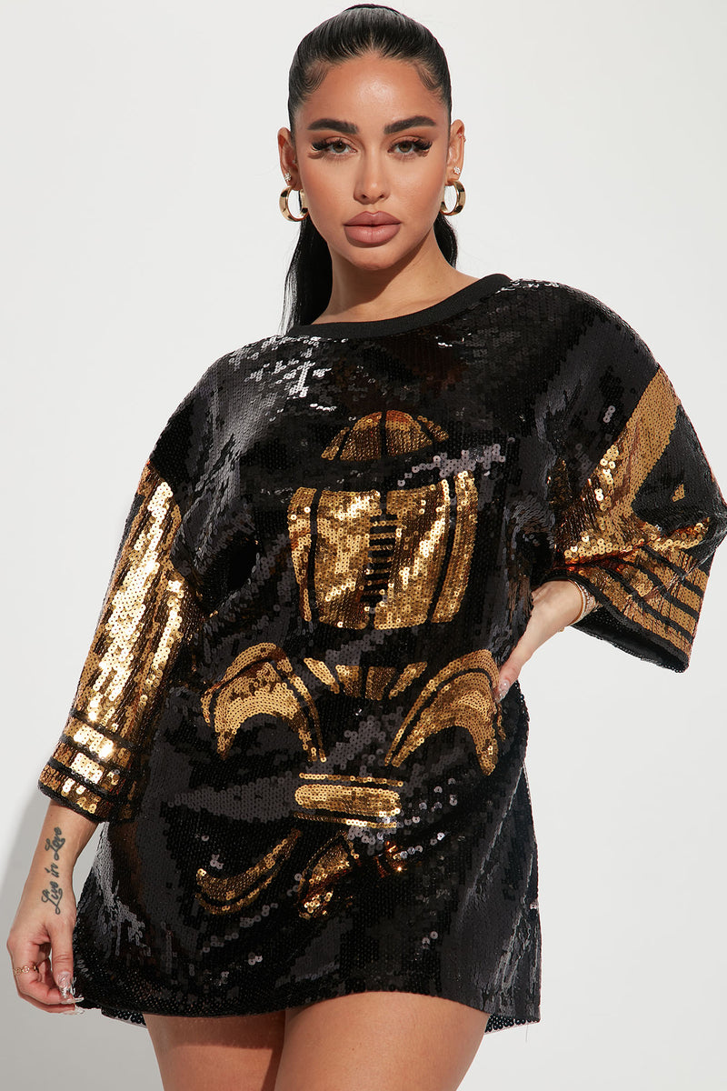 Who Dat Sequin T-Shirt Dress - Black/Gold | Fashion Nova, Dresses ...
