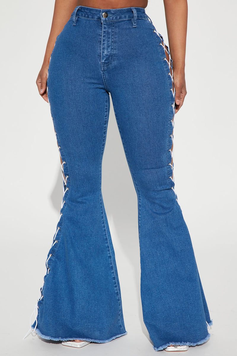 Claudia Lace Up High Rise Flare Jean - Medium Blue Wash | Fashion Nova ...