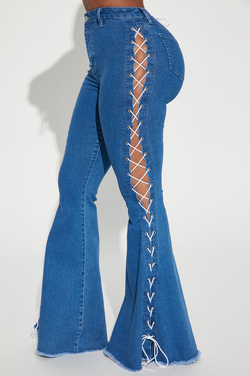 Claudia Lace Up High Rise Flare Jean - Medium Blue Wash | Fashion Nova ...