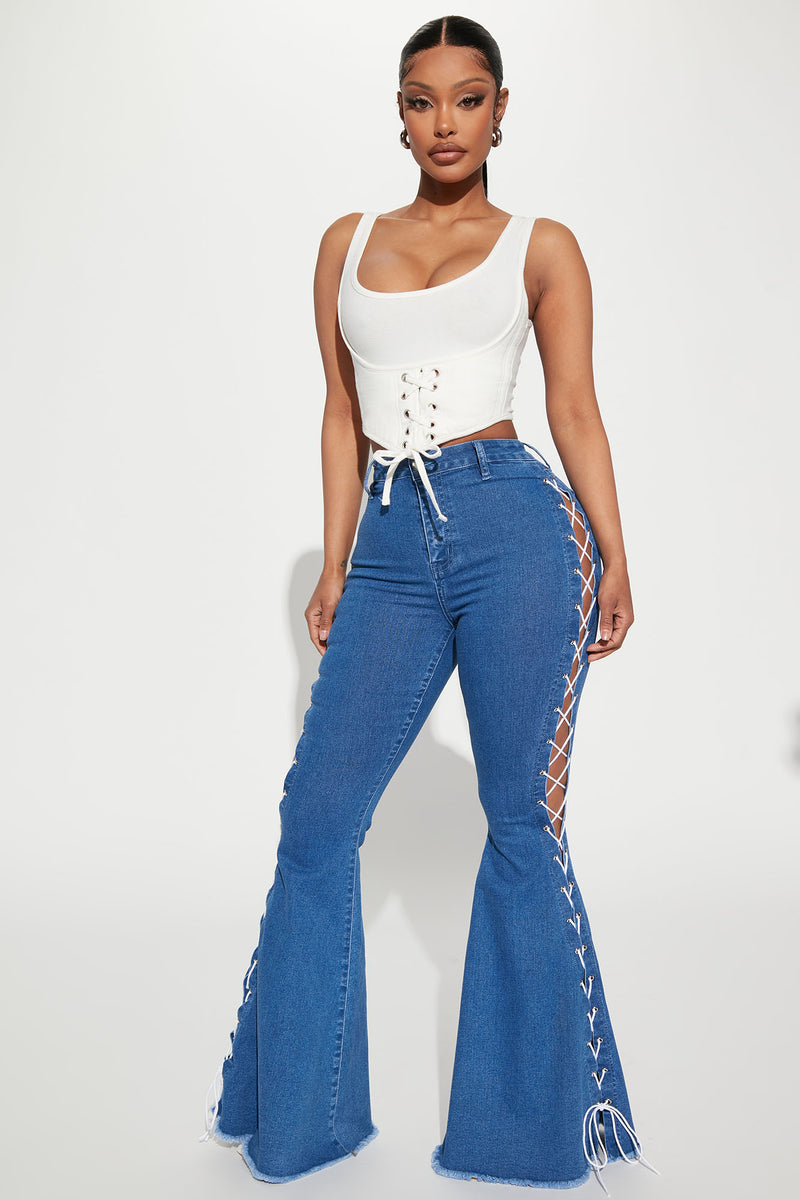 Claudia Lace Up High Rise Flare Jean - Medium Blue Wash | Fashion Nova ...