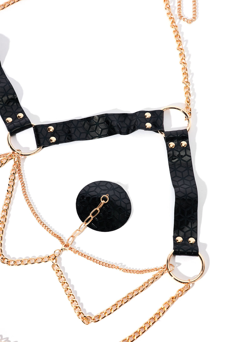 Beg Me For It Chain Harness Nipple Cover Pasties Set - Black/Gold ...
