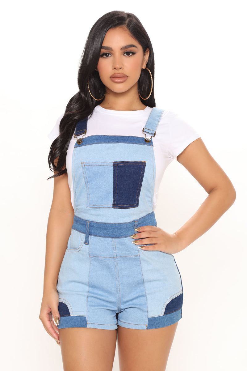 Boogie Wonderland Patchwork Denim Shortalls - Blue/combo | Fashion Nova ...