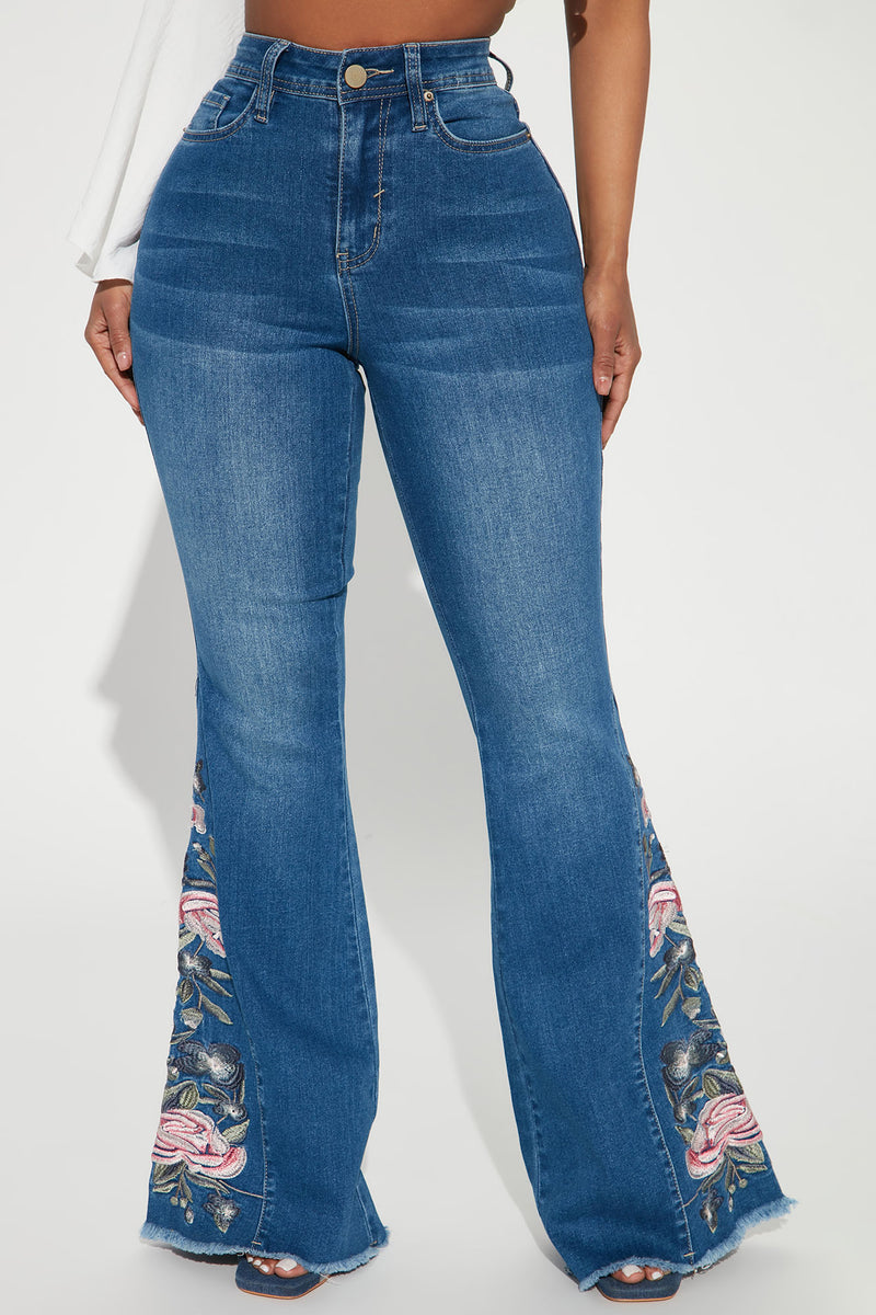 Smell The Roses Embroidered Flare Jean - Medium Blue Wash | Fashion ...