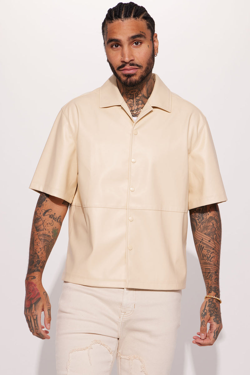 Slam Dunk Faux Leather Short Sleeve Button Up - Cream | Fashion Nova ...