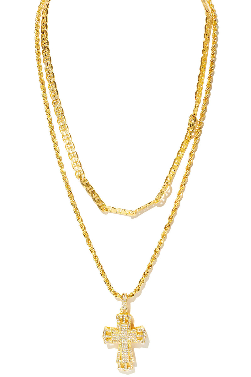Iced Out Cross Pendant 2 Piece Chain Necklace - Gold | Fashion Nova ...