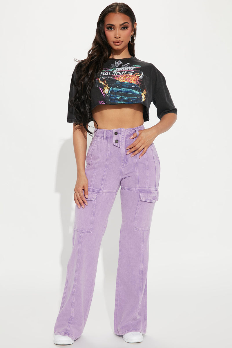 Feel The Pressure Non Stretch Cargo Flare Jean - Purple | Fashion Nova ...