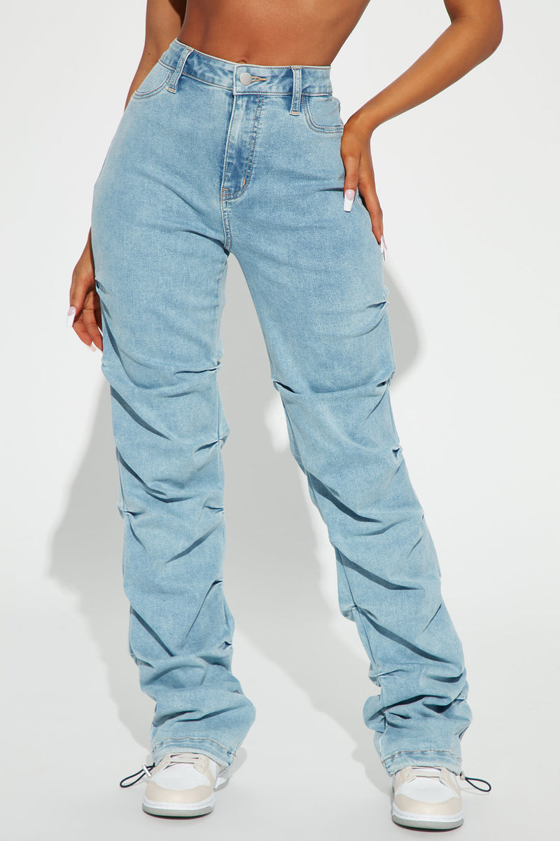 Catch My Vibe Stacked Straight Leg Jeans - Light Blue Wash | Fashion ...