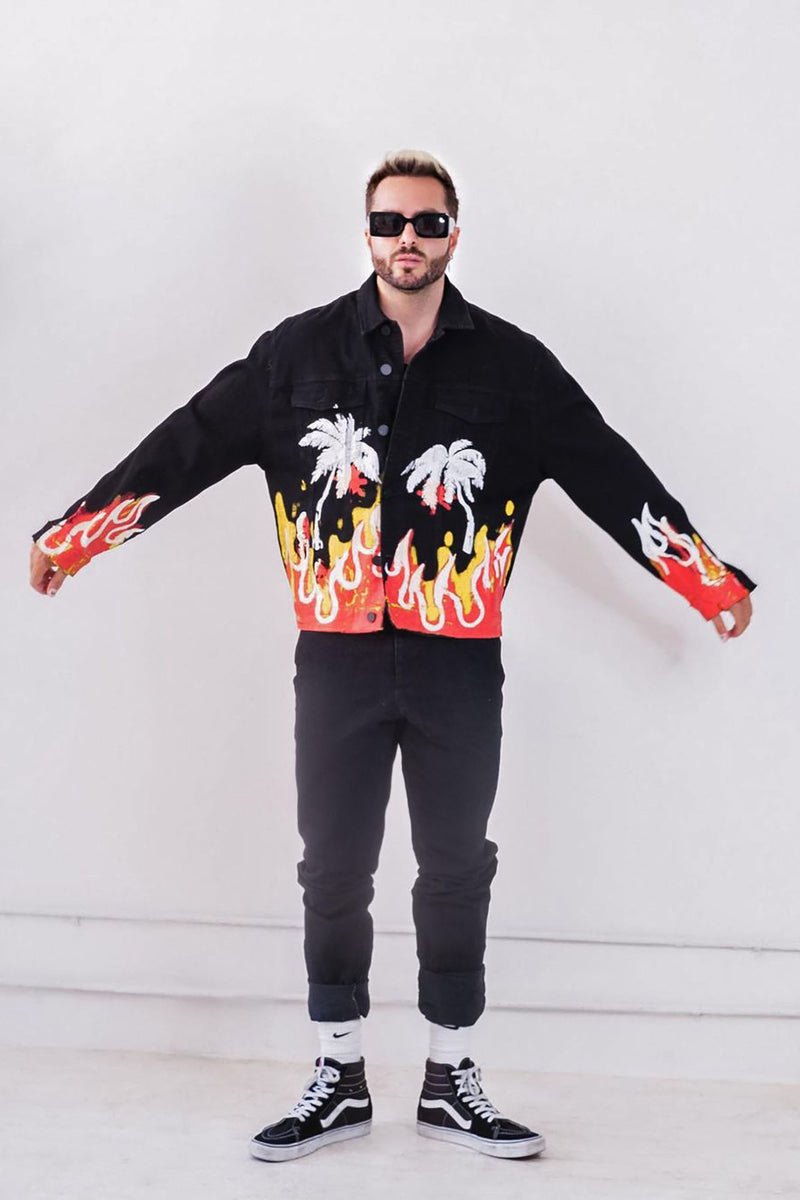 Flaming Palm Tree Denim Jacket - Black/combo | Fashion Nova, Mens ...