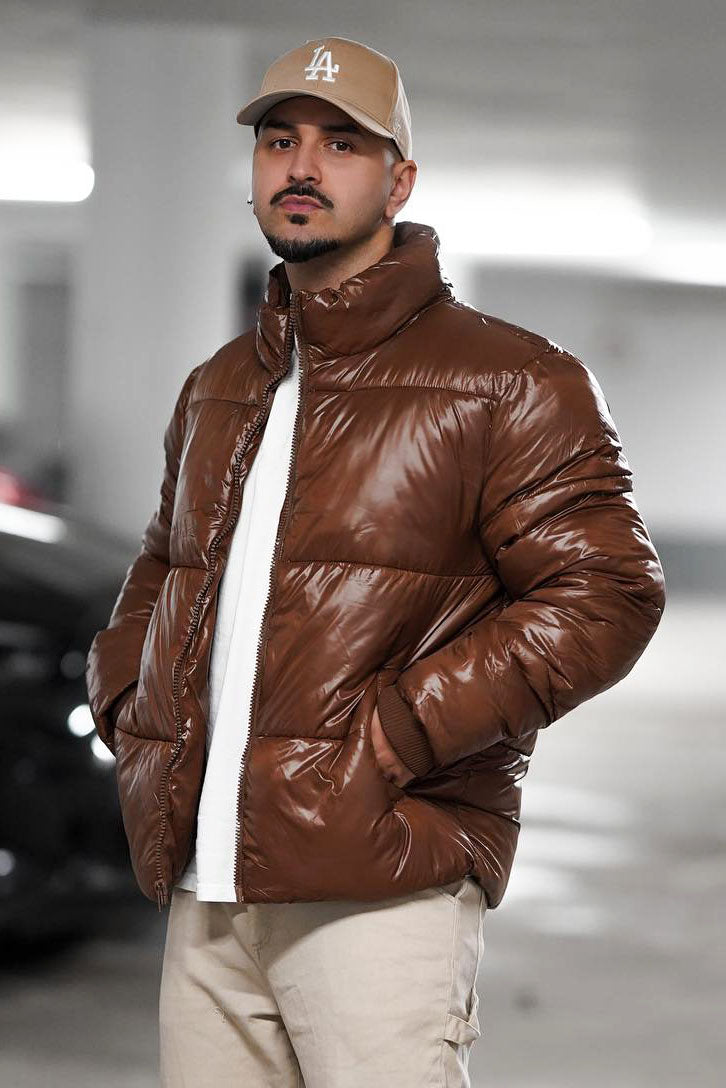 High Collar Gloss Puffer Jacket - Chocolate | Fashion Nova, Mens ...