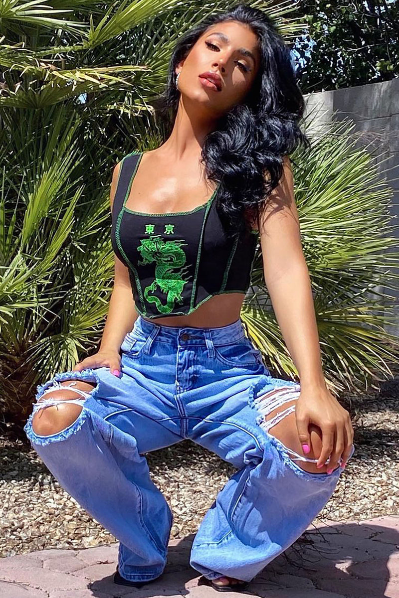 One With The Dragon Contrast Stitch Top - Black/Green | Fashion Nova ...