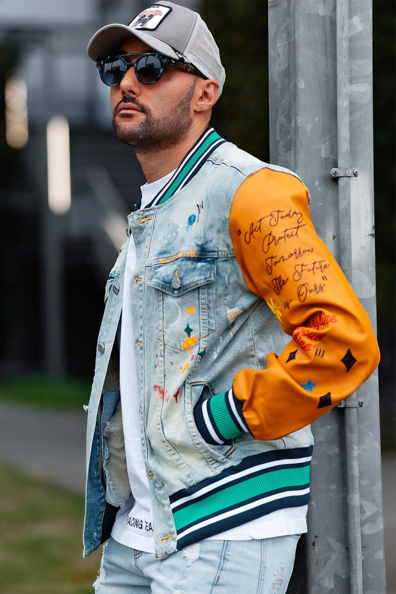 Positive Notes Denim Varsity Jacket With Faux Leather Sleeve - Denim ...