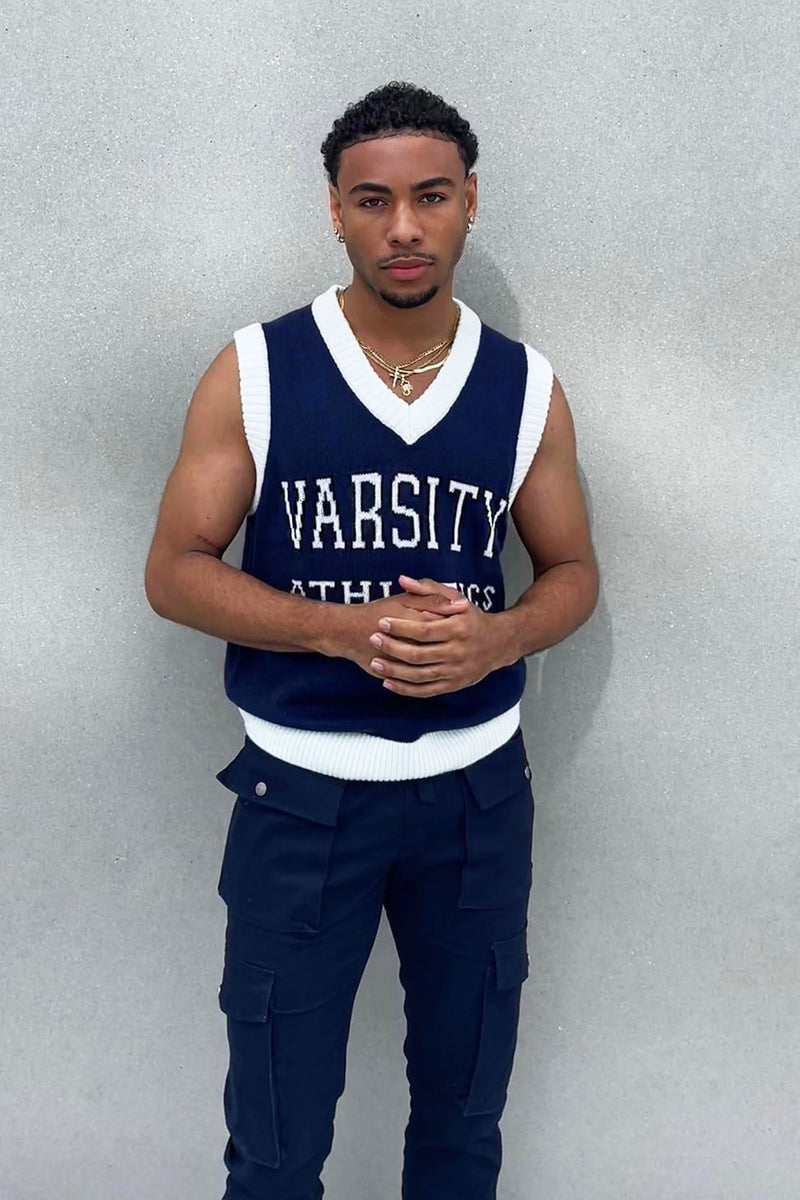 Varsity Athletics Sweater Vest - Navy/combo | Fashion Nova, Mens ...