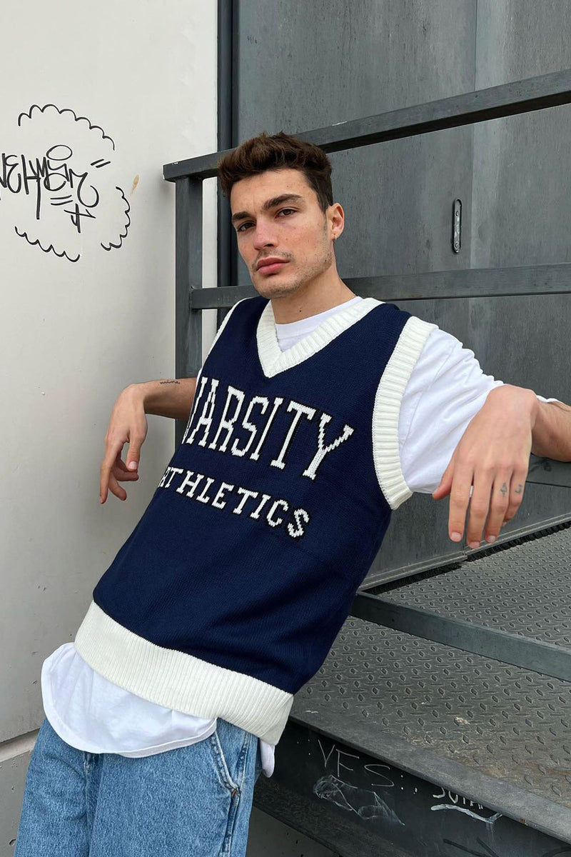 Varsity Athletics Sweater Vest - Navy/combo | Fashion Nova, Mens ...